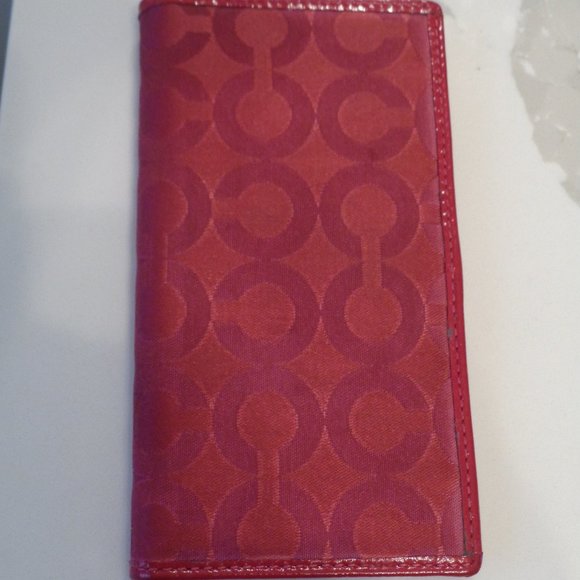 Coach | Bags | Coach Signature C Canvas Leather Pink Checkbook Cover ...